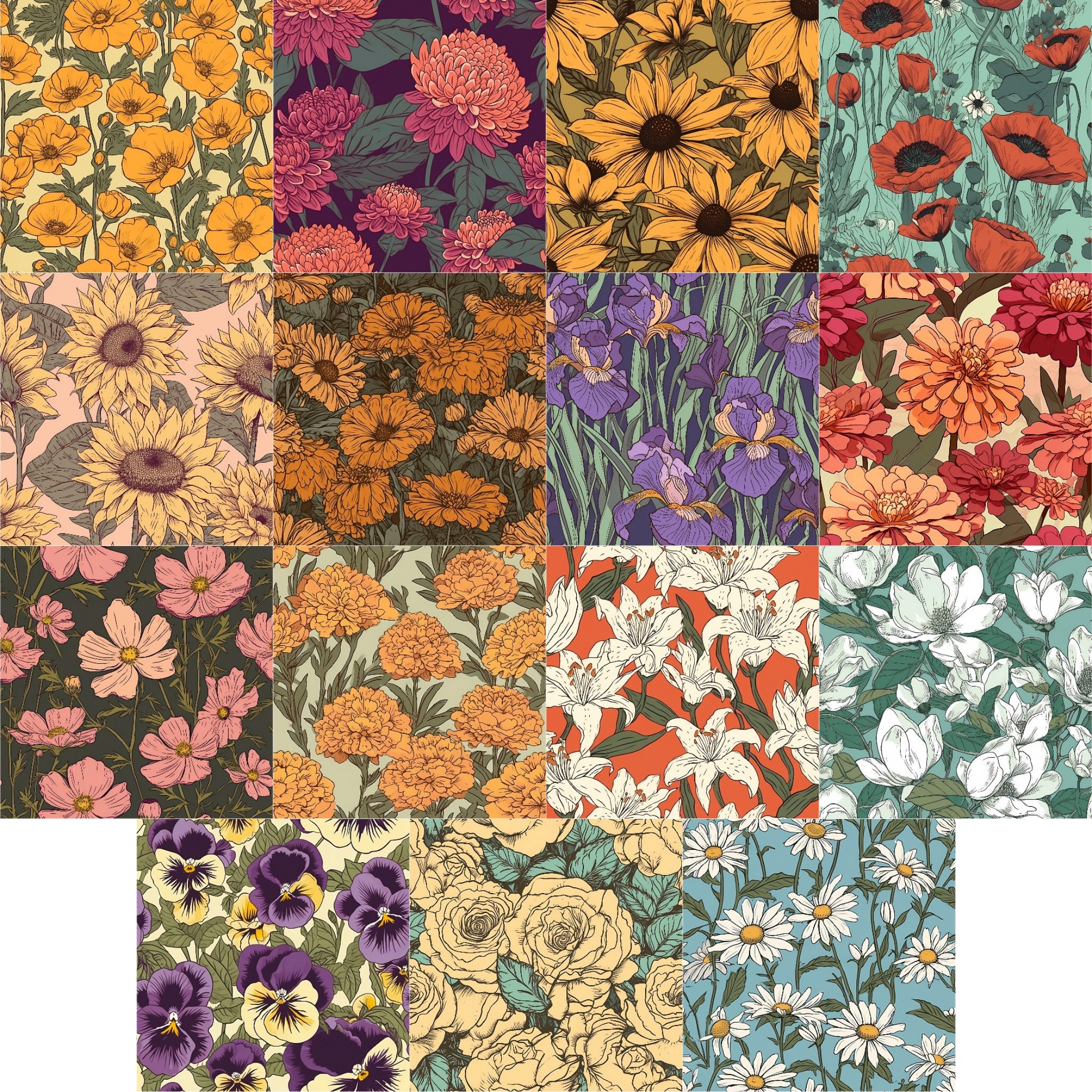 Floral Digital Paper Set, Seamless Patterns - Instant Download - Etsy