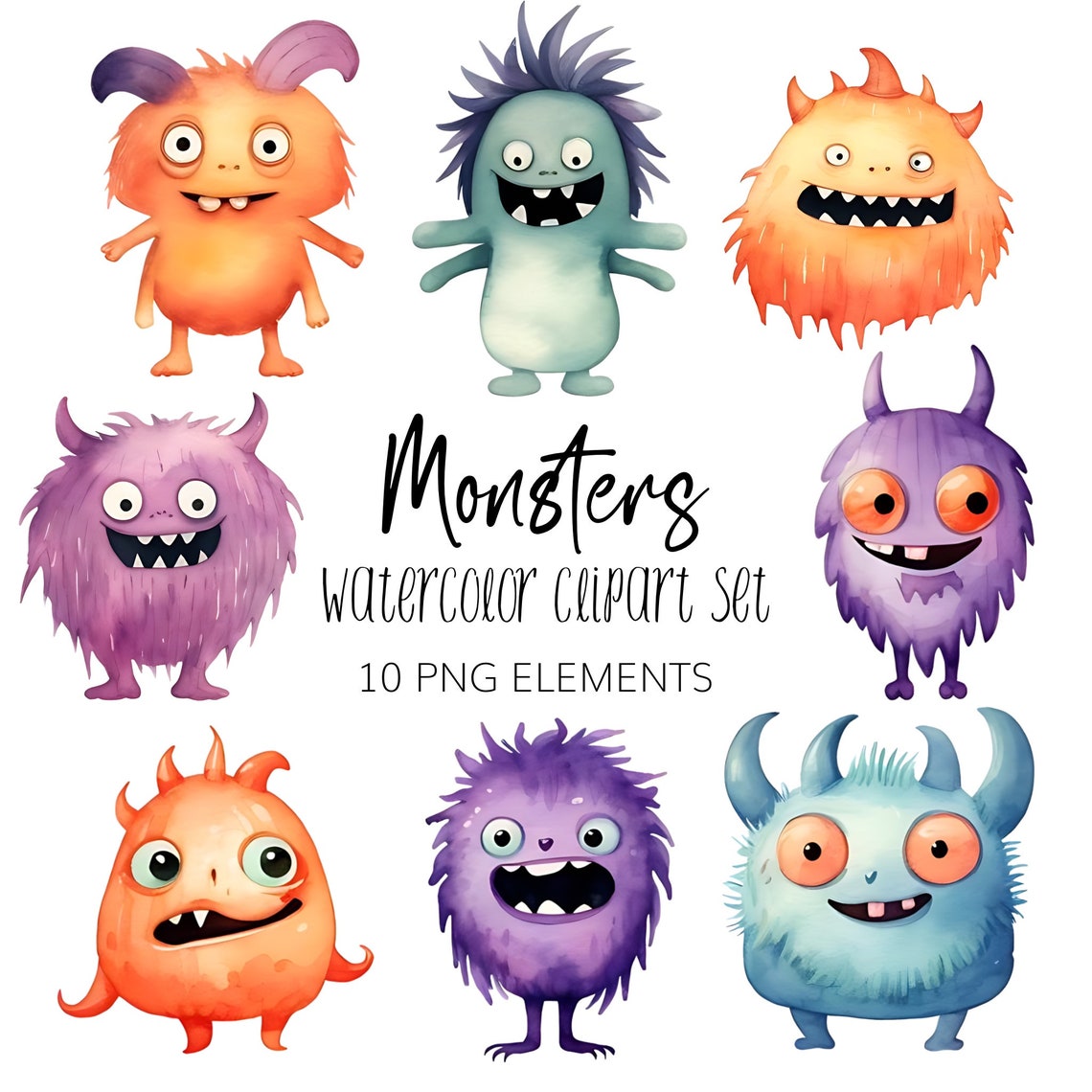 Watercolor Monster Clipart Set PNG Instant Download - Etsy UK