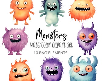 Cute Monster Clipart Watercolor Bundle Fantasy Monsters Png Instant ...