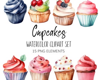 12 Watercolor Cupcakes in PNG Clip Art, Food Art, Instant Download ...