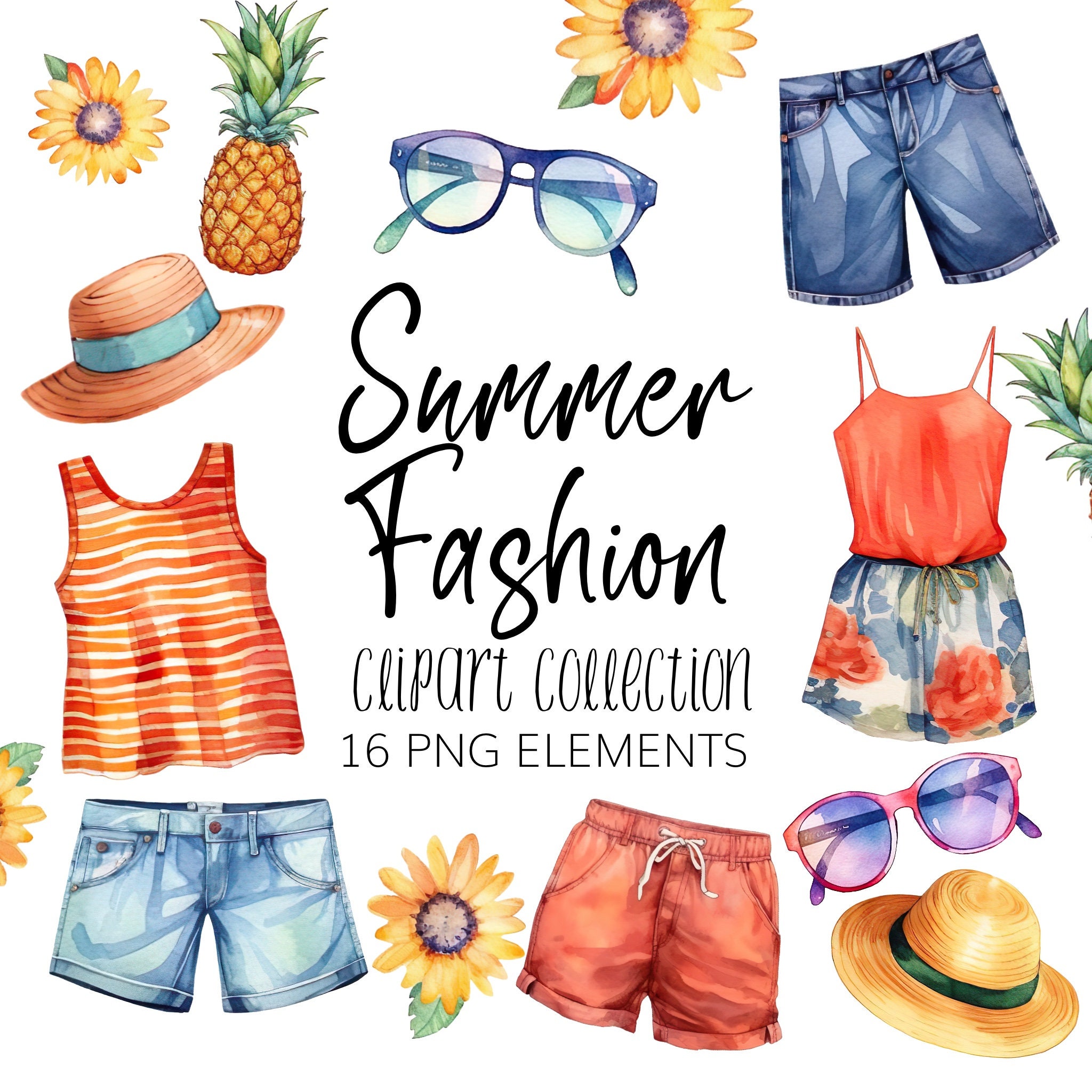 Watercolor Summer Fashion Clipart Set PNG Instant Download - Etsy