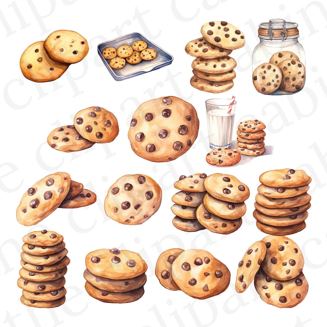Watercolor Chocolate Chip Cookie Clipart Set PNG Instant - Etsy