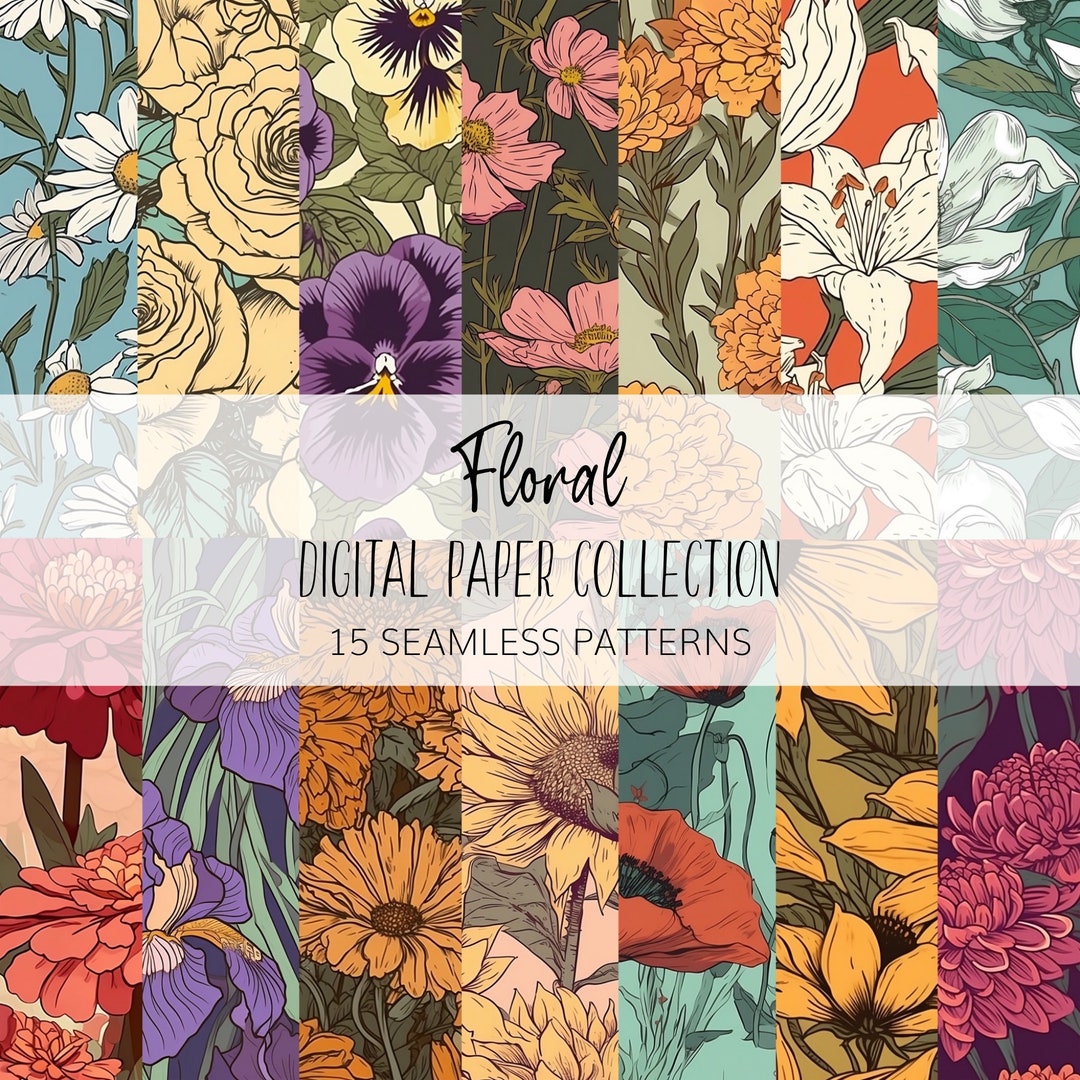 Floral Digital Paper Set, Seamless Patterns - Instant Download - Etsy