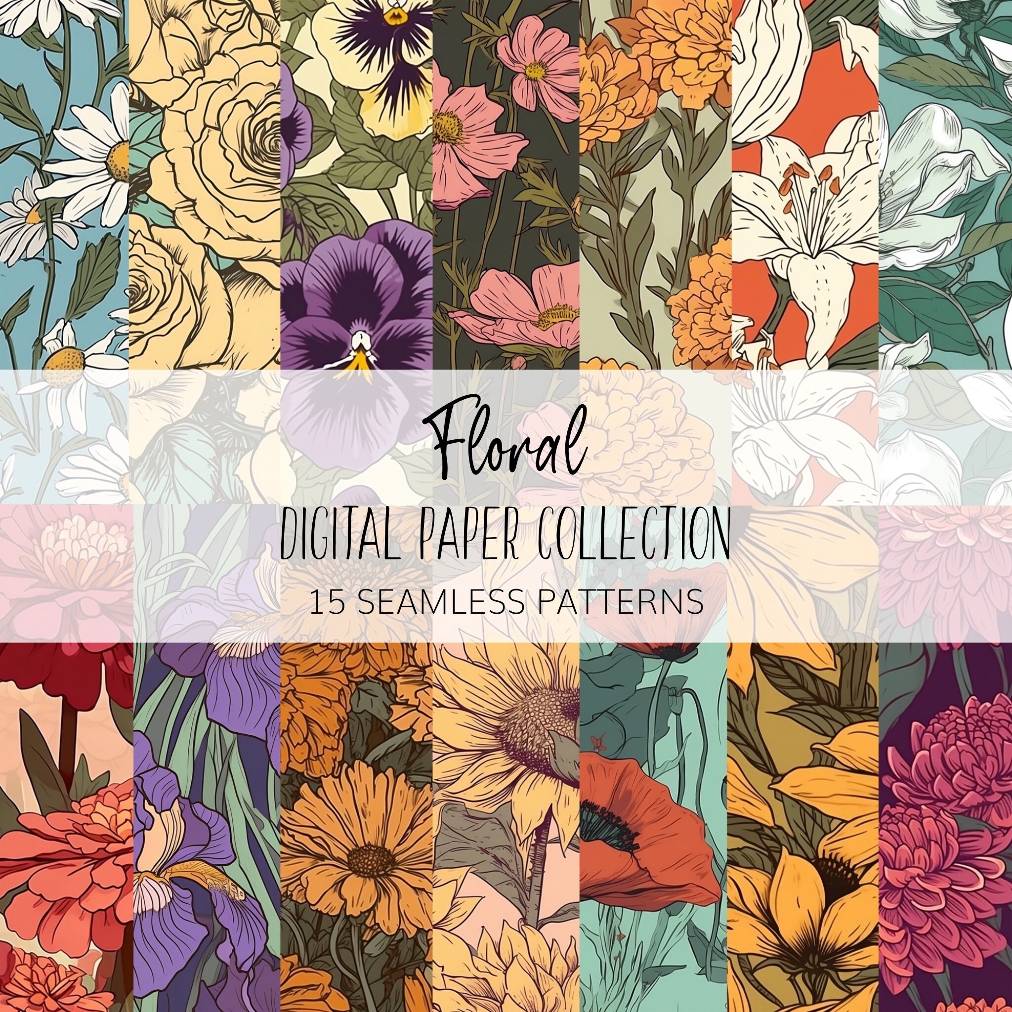 Floral Digital Paper Set, Seamless Patterns Instant Download - Etsy