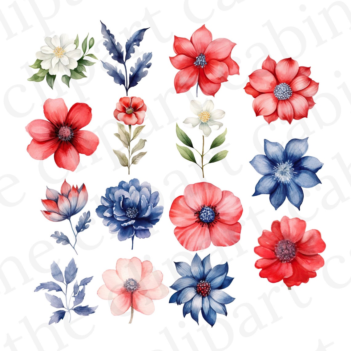 Watercolor Red White and Blue Flowers Clipart 4th of July - Etsy