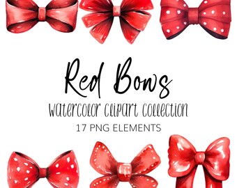 Watercolor Red Bow Clipart, Red Bow Clipart PNG Set, Vintage Bow ...
