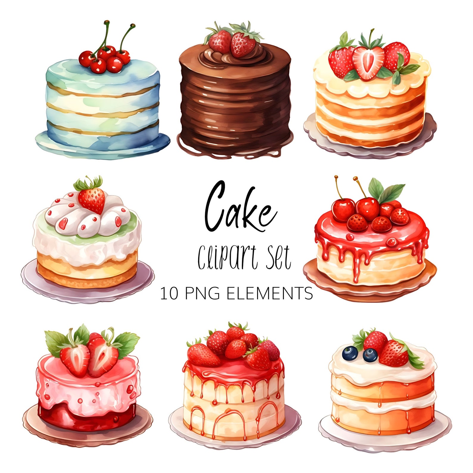 Watercolor Cake Clipart Set PNG Instant Download - Etsy