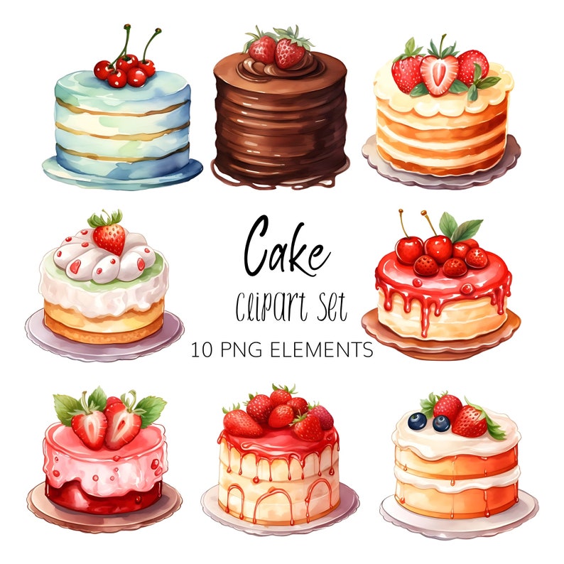 Watercolor Cake Clipart Set PNG Instant Download - Etsy