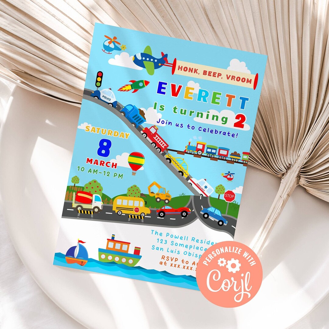 Transportation Birthday Party Invitation, Trucks, Cars, Planes Birthday ...