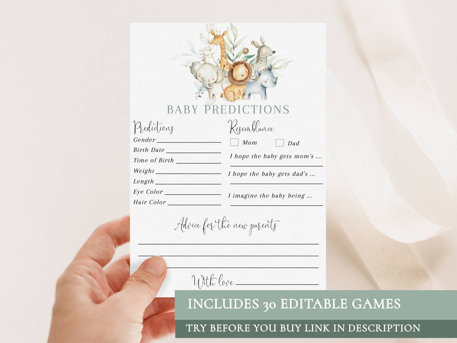 30 Editable Safari Baby Shower Games, Jungle Baby Shower Games Bundle ...
