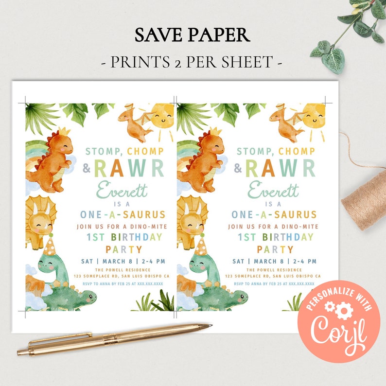 Dinosaur 1st Birthday Invitation, Photo Party Invite (editable Digital ...