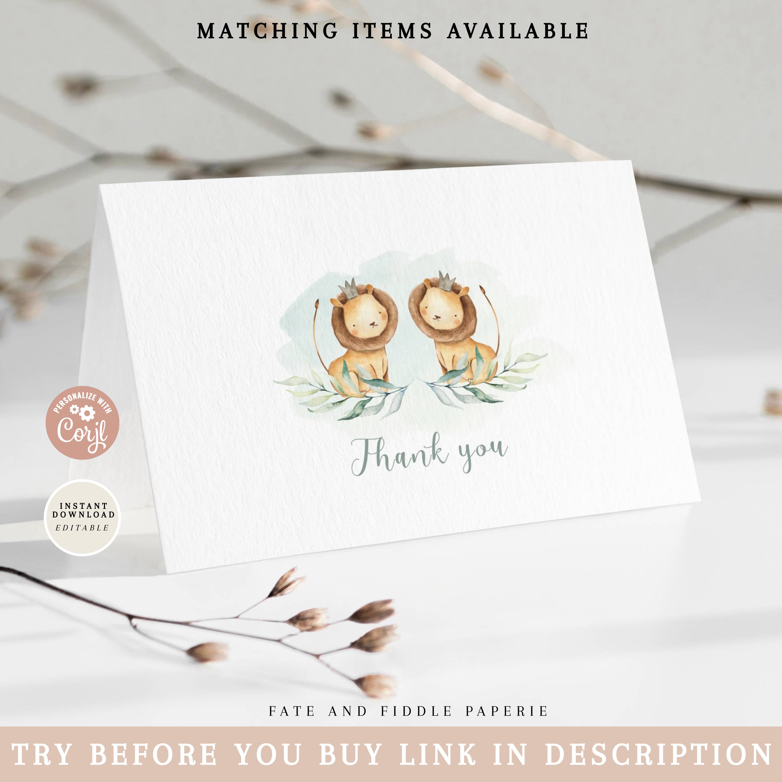 Editable Twin Lion Thank You Card, Baby Shower Thank You Card, Twin ...