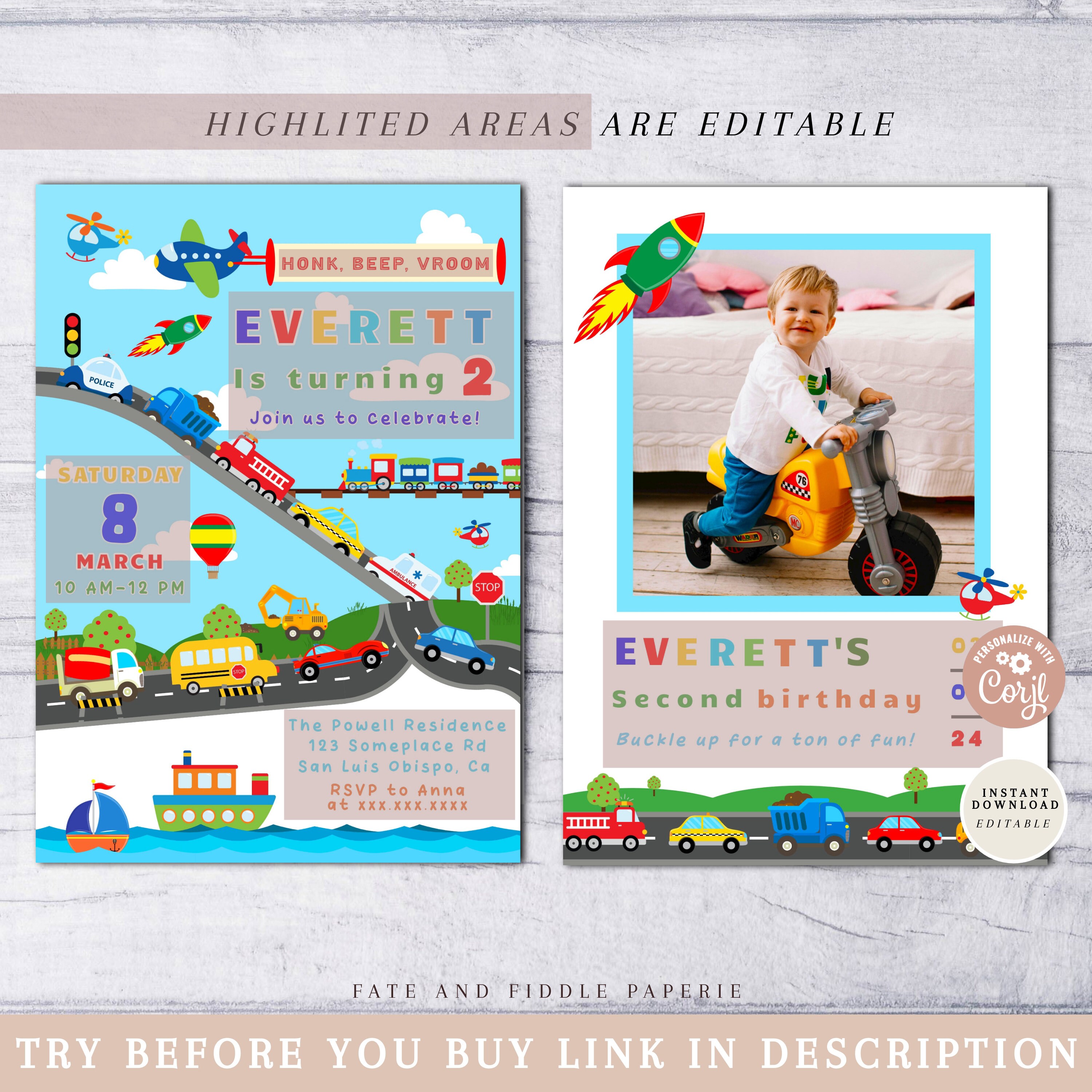 Transportation Birthday Party Invitation, Editable Template - Etsy