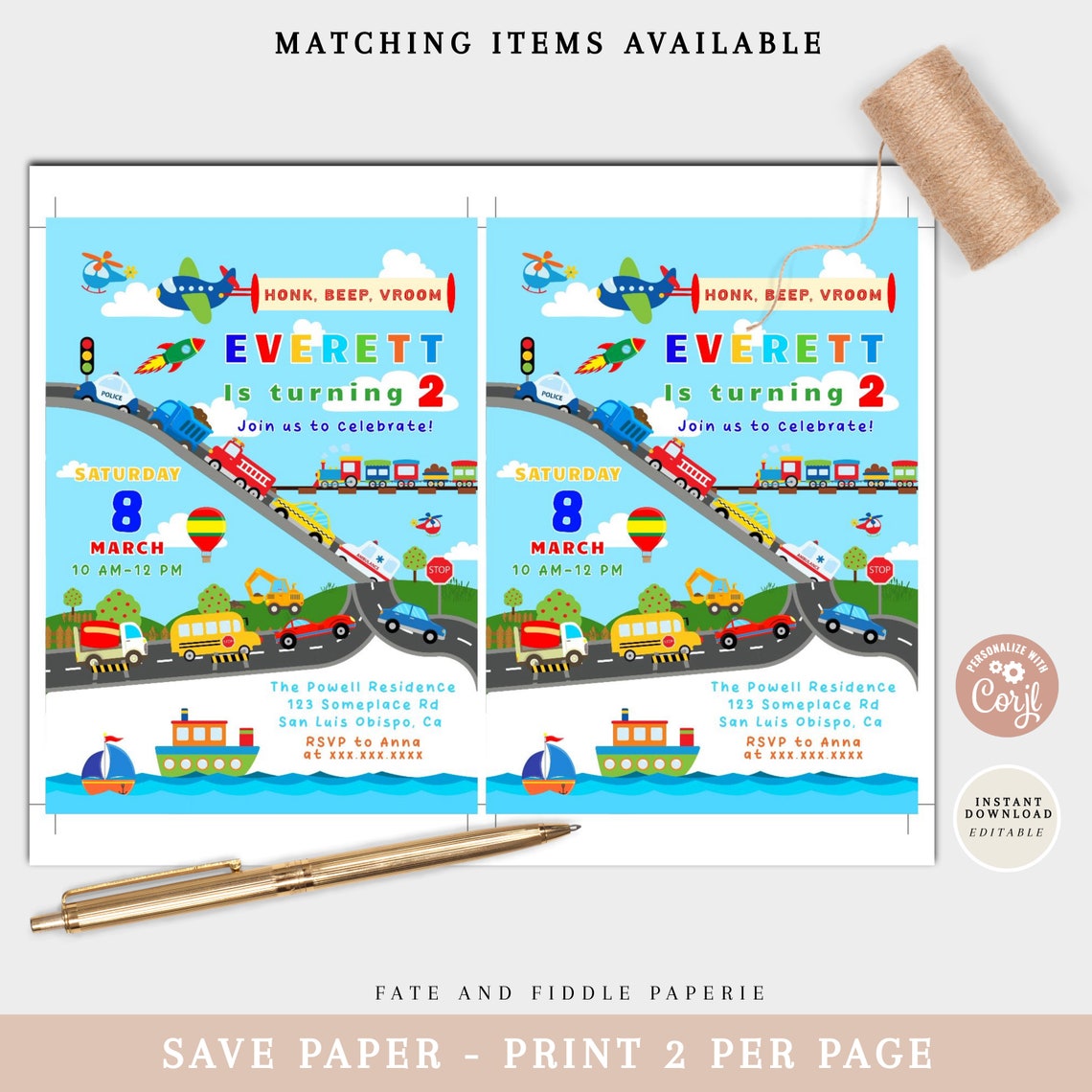 Transportation Birthday Party Invitation, Editable Template - Etsy