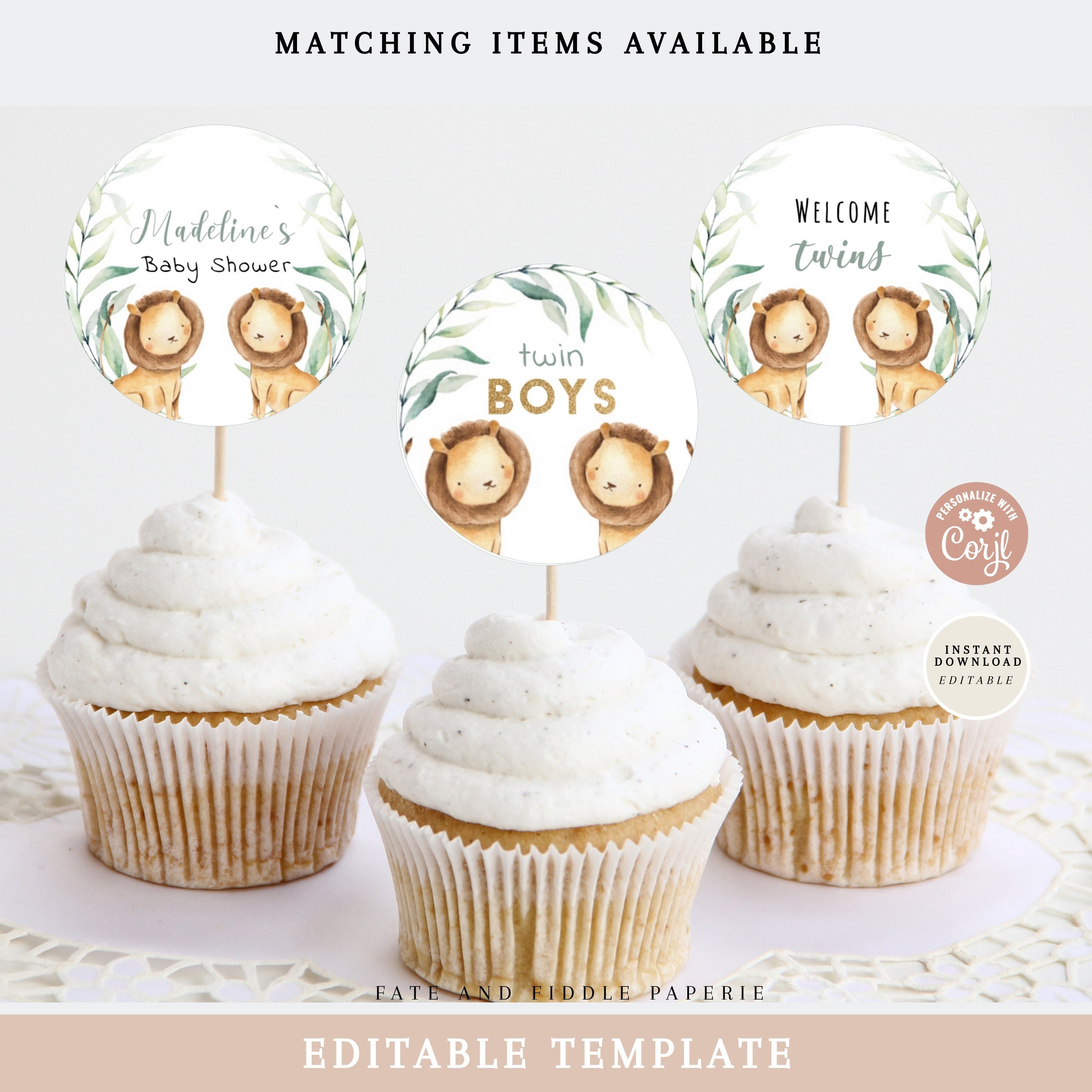 Twin Lion Baby Shower Cupcake Toppers, Editable Tags (digital Download ...