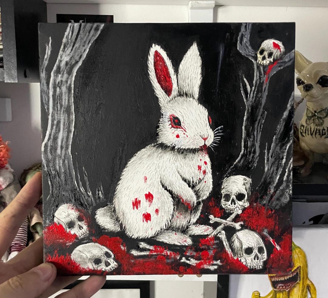 Creepy White Rabbit With Skulls - 8x8 Inch Original Handmade Artwork ...