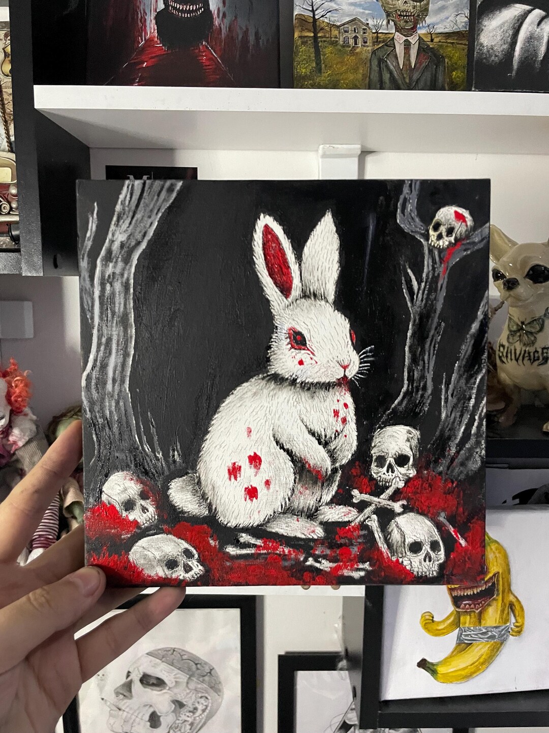 Creepy Gothic White Rabbit Painting With Skulls Acrylic and Oil ...