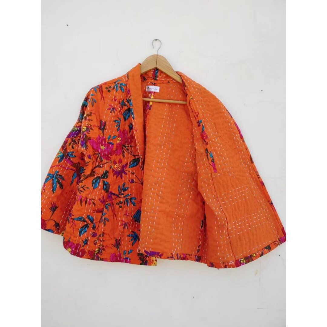 Indian Handmade Kantha Quilt Jacket Kimono Women Wear Boho Orange Color ...