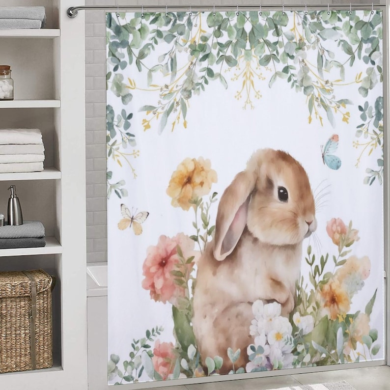 Spring Shower Curtain Easter Bunny Shower Curtain Watercolor - Etsy