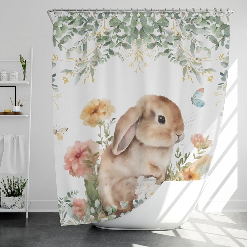 Spring Shower Curtain Easter Bunny Shower Curtain Watercolor - Etsy