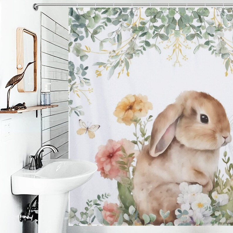 Spring Shower Curtain Easter Bunny Shower Curtain Watercolor - Etsy