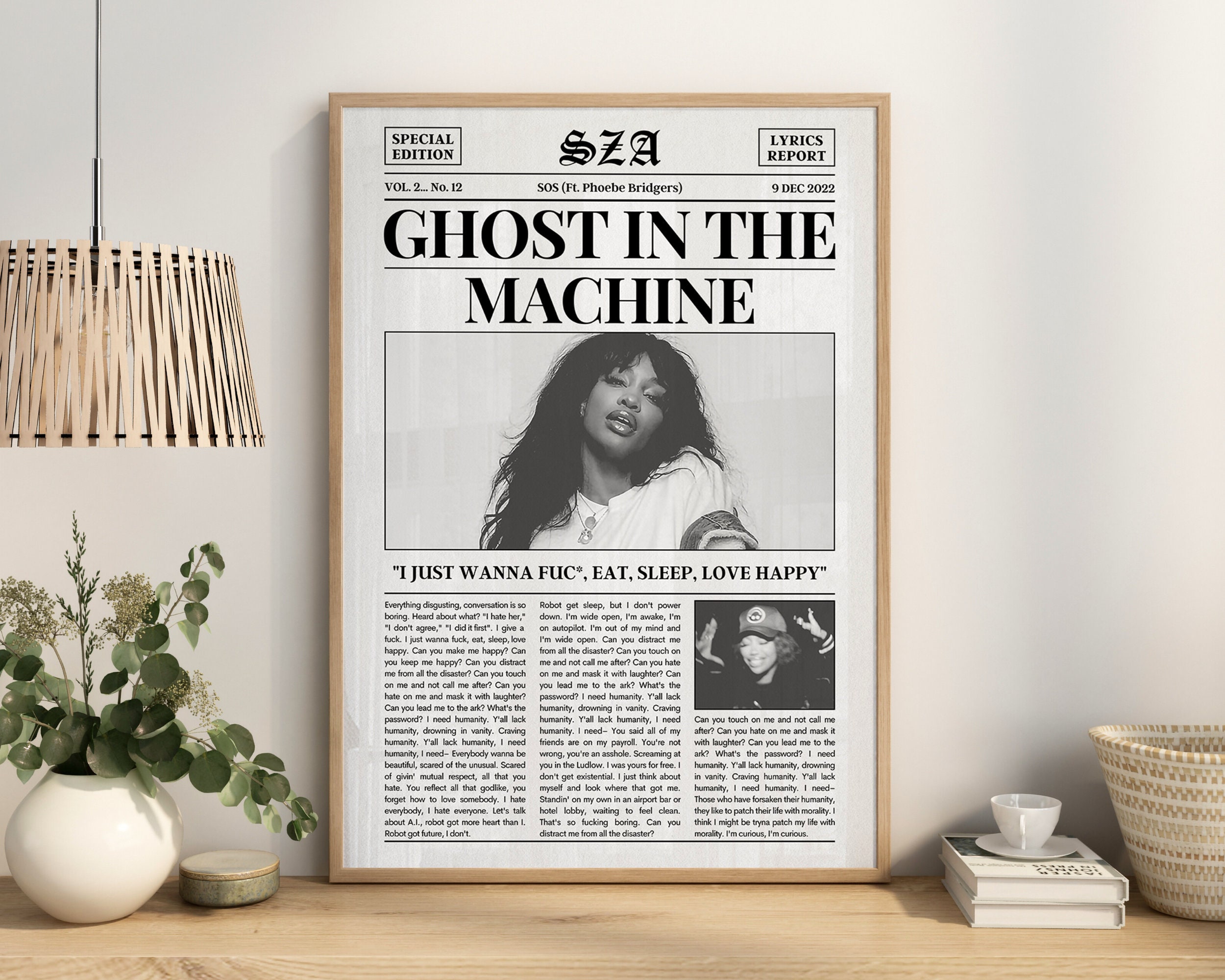 SZA Retro Newspaper Print, Ghost In The Machine Lyrics Print, SOS ...