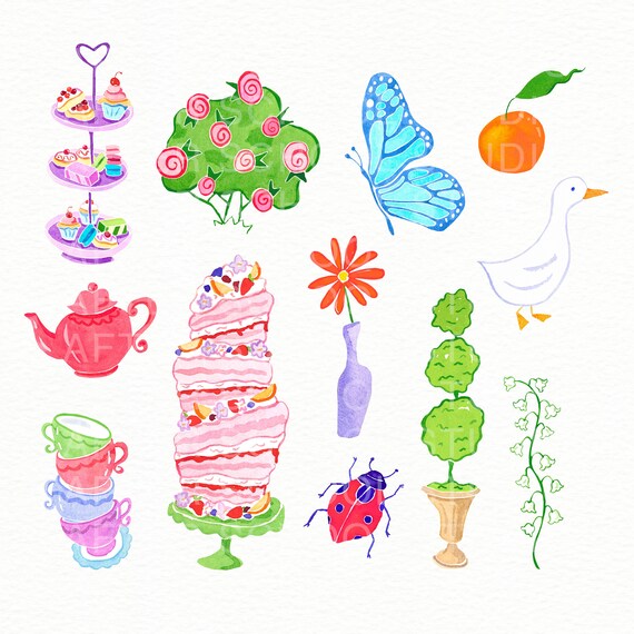 Garden Tea Party Clip Art Whimsical Watercolor Instant Digital - Etsy