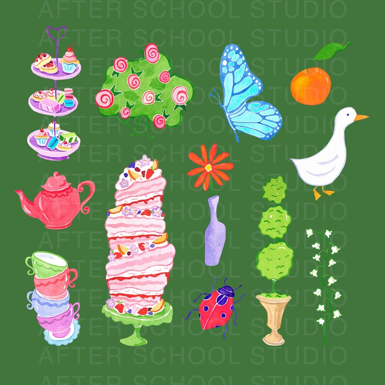 Garden Tea Party Clip Art Whimsical Watercolor Instant Digital Download ...