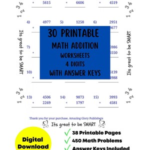 30 MATH ADDITION WORKSHEETS, 450 Math Problems, 38 Printable Pages, 8 ...