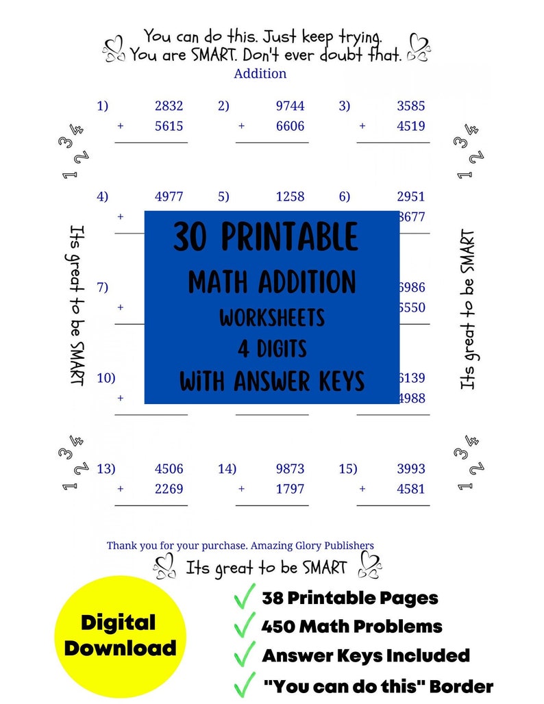 30 MATH ADDITION WORKSHEETS, 450 Math Problems, 38 Printable Pages, 8 ...