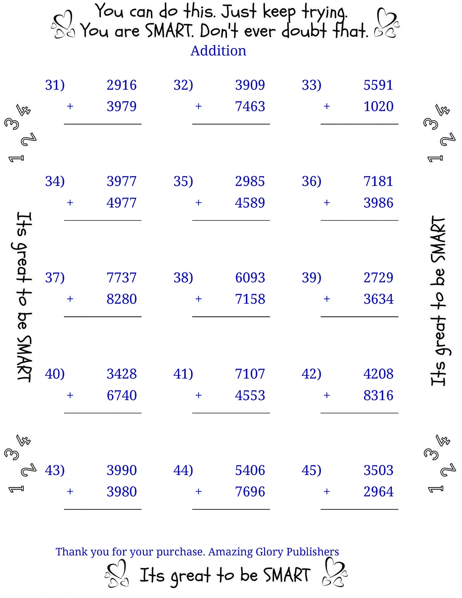 30 MATH ADDITION WORKSHEETS, 450 Math Problems, 38 Printable Pages, 8 ...