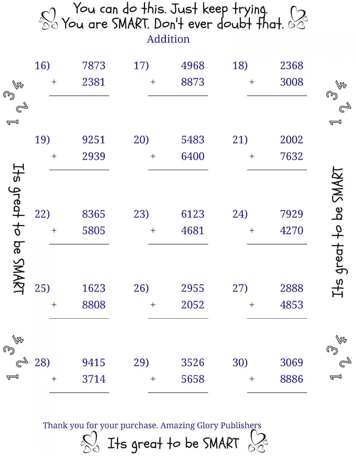 30 MATH ADDITION WORKSHEETS, 450 Math Problems, 38 Printable Pages, 8 ...