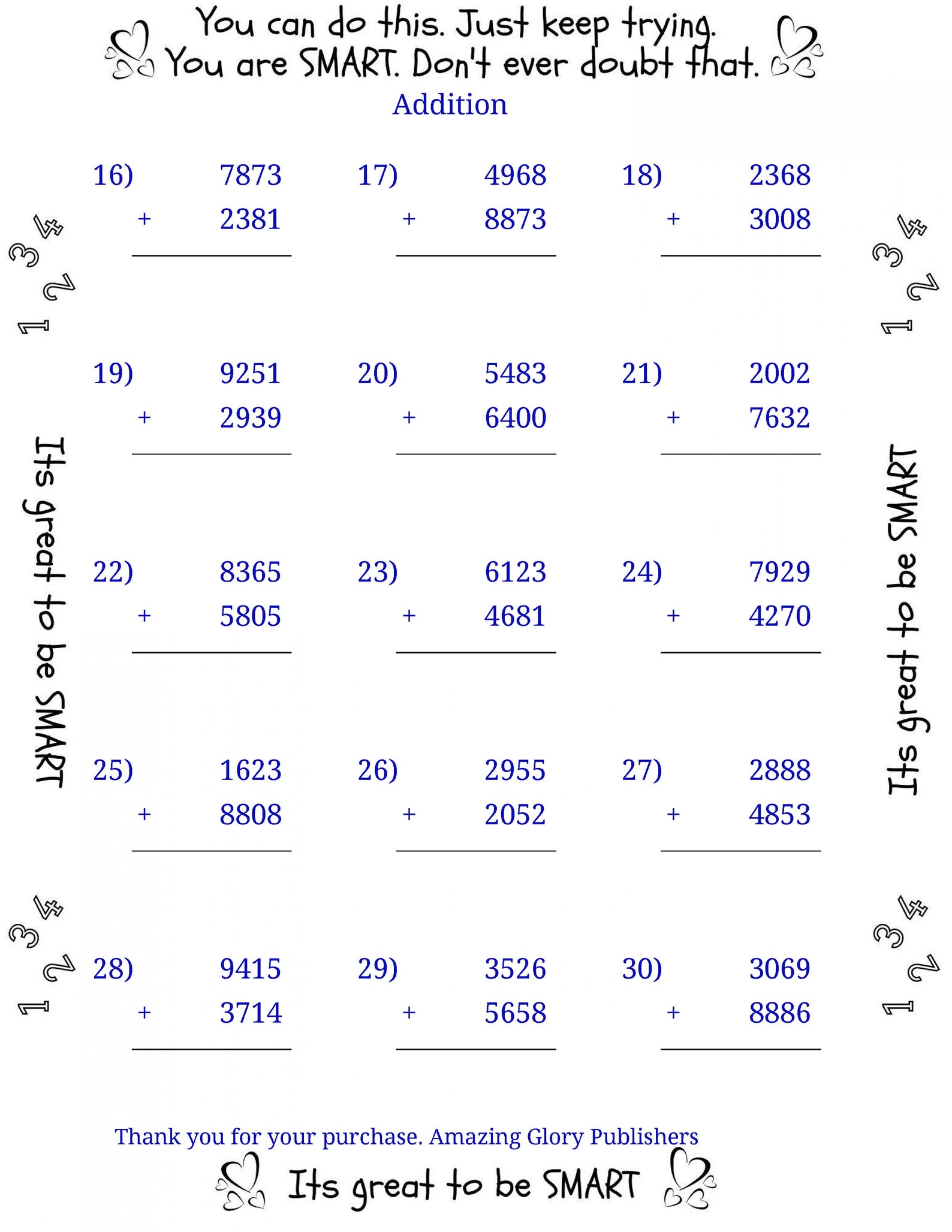 30 MATH ADDITION WORKSHEETS, 450 Math Problems, 38 Printable Pages, 8 ...