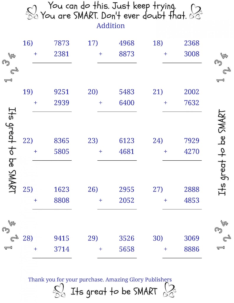 30 MATH ADDITION WORKSHEETS, 450 Math Problems, 38 Printable Pages, 8 ...