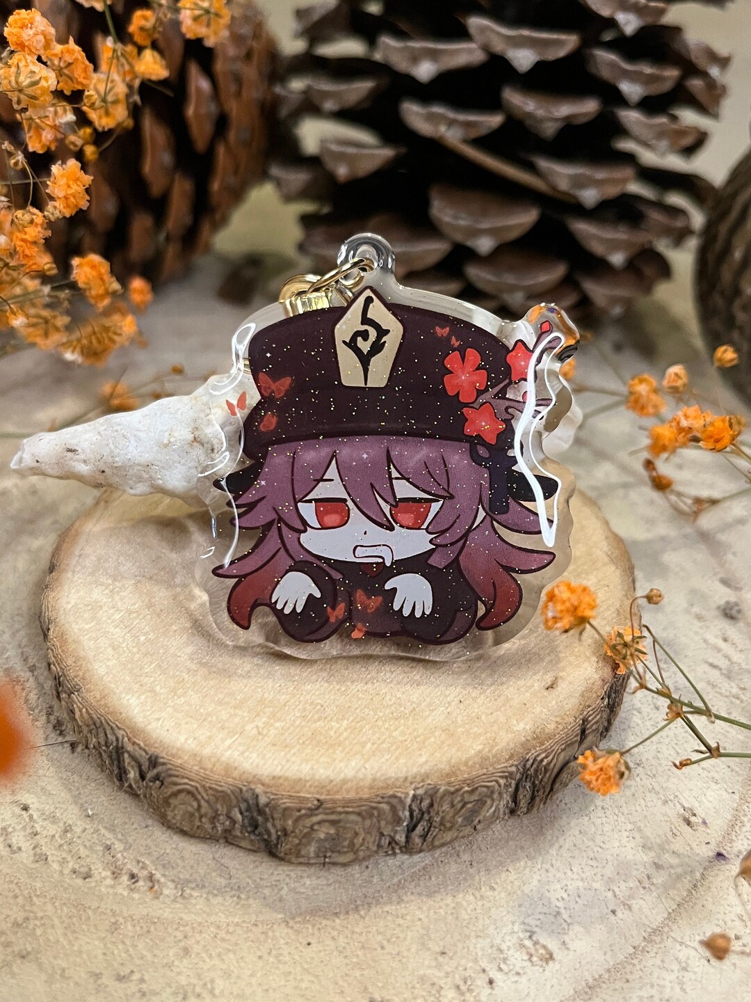 Genshin Impact Hu Tao Keychain Glitter Acrylic Golden Clasp - Etsy