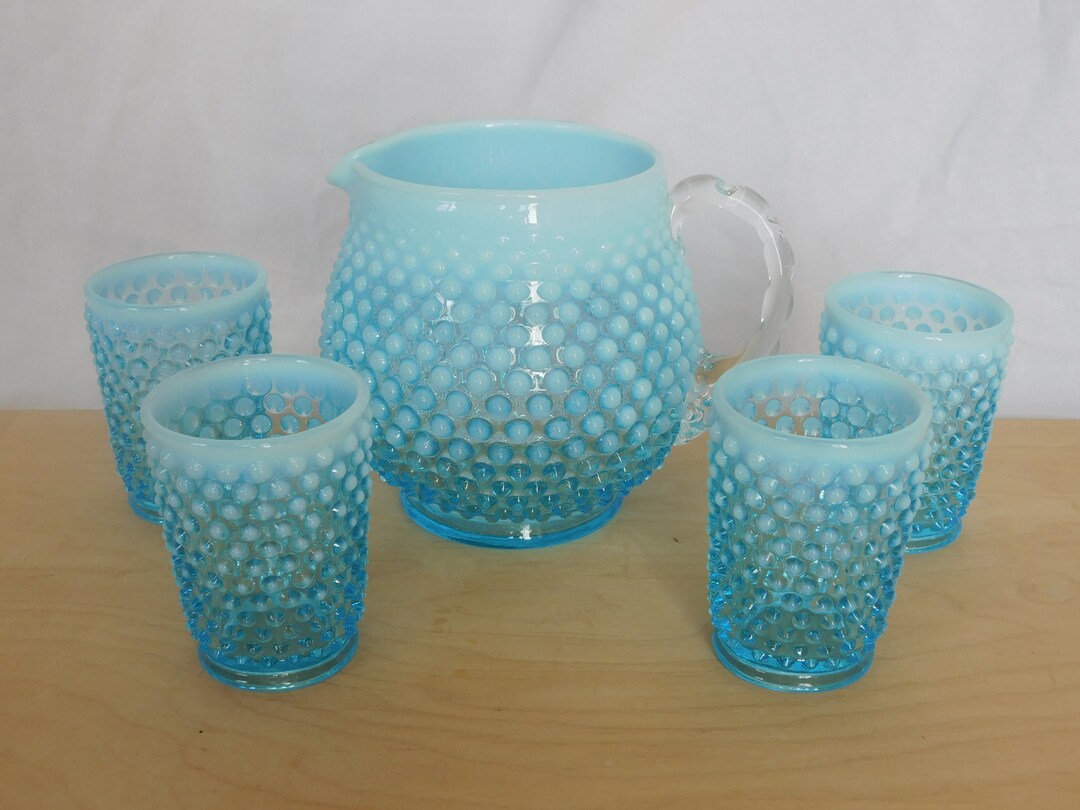 Vintage Pitcher, Pitcher Glass Set, Hobnail, Fenton, Set of 5, 4 ...