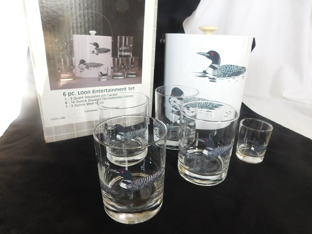 Vintage Bar Set, Loons, Ice Bucket, 4 Glasses, Shot Glass, Birds, Bar ...