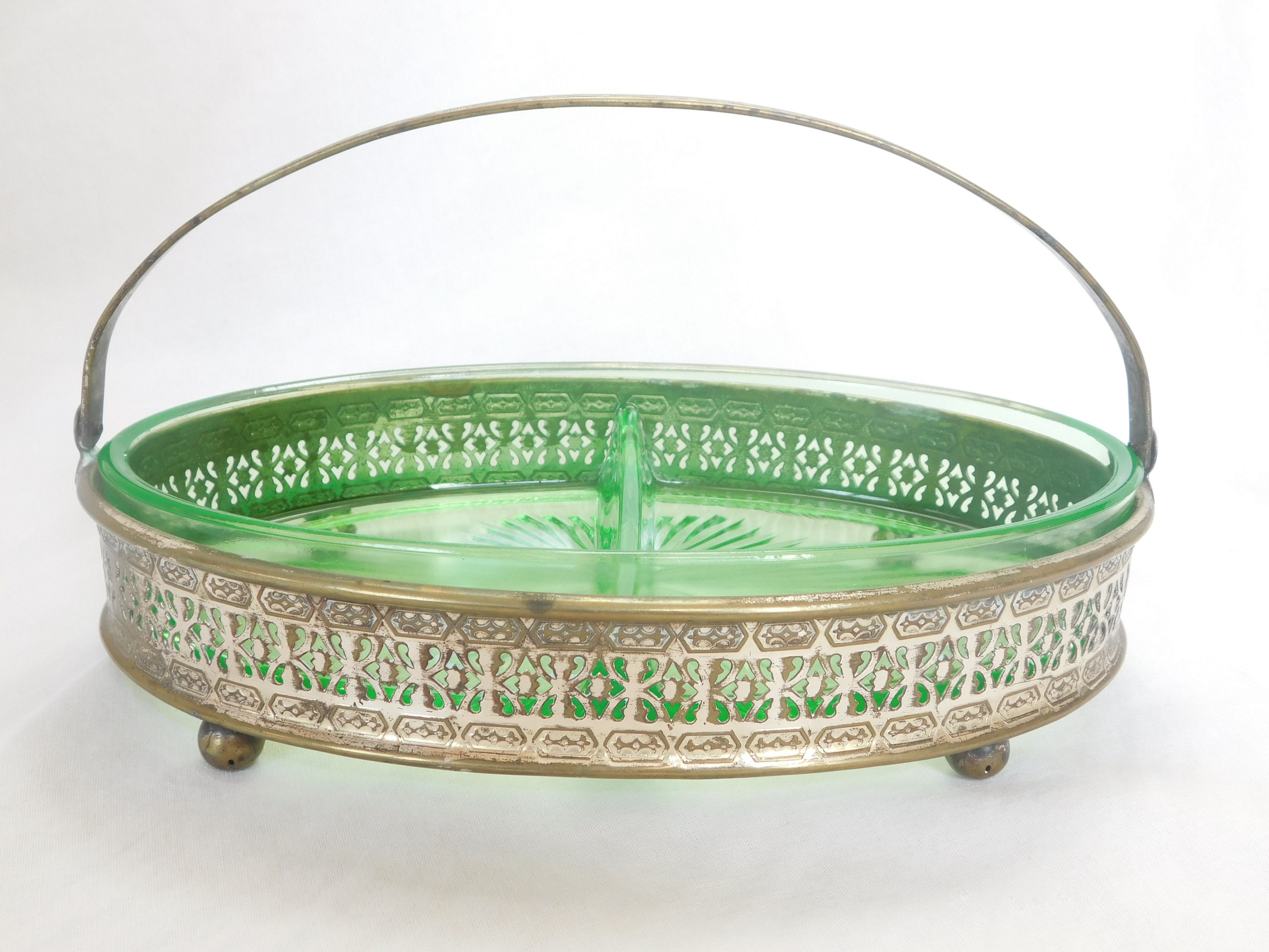 Vintage Glass Dish Metal Tray Uranium Glass Divided Dish - Etsy