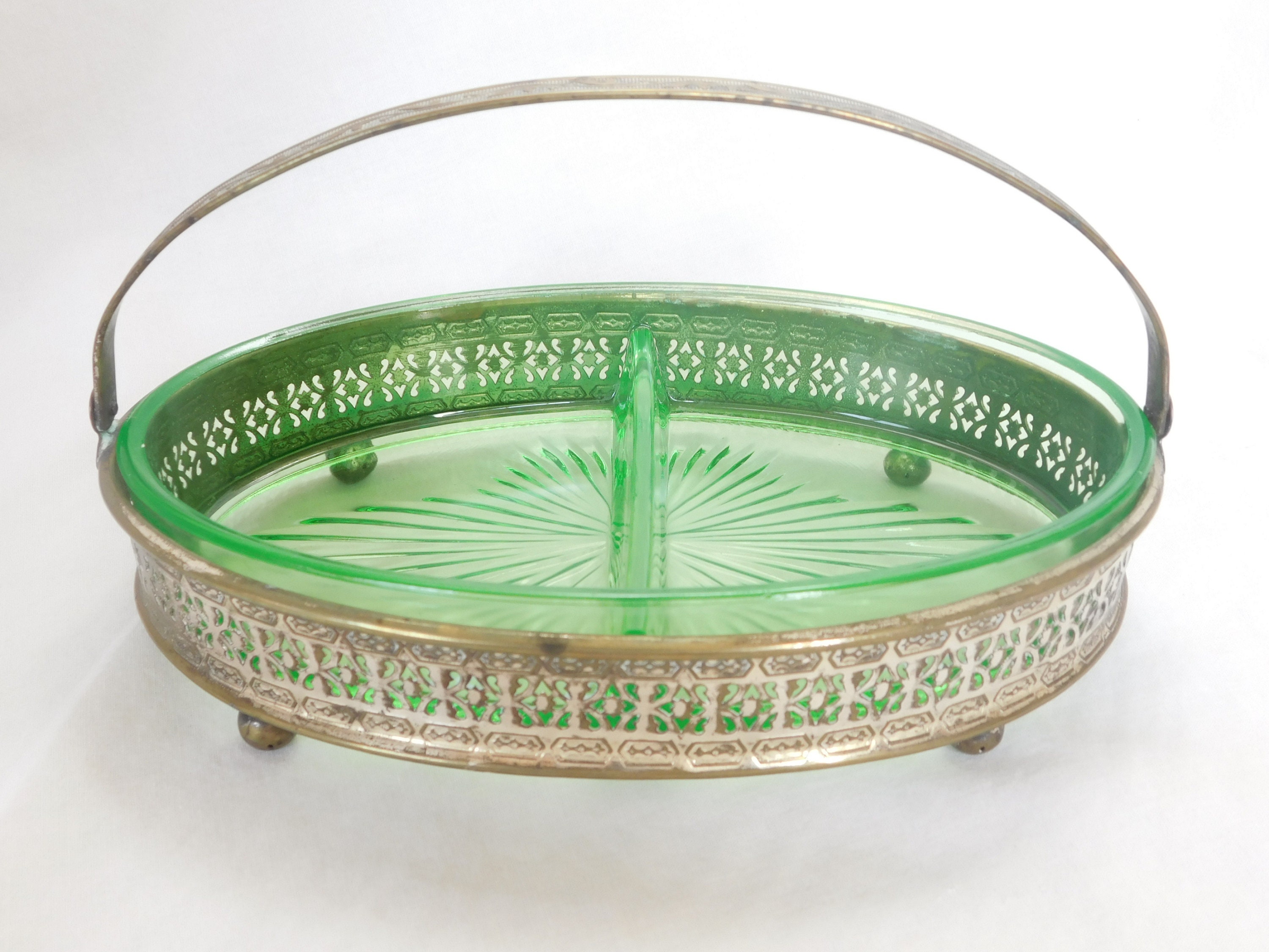 Vintage Glass Dish Metal Tray Uranium Glass Divided Dish - Etsy
