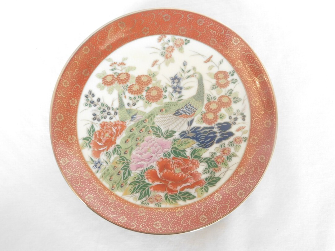 Vintage Plate, Peacock Decor, Dark Orange, Flowers, Japan Made, Small ...
