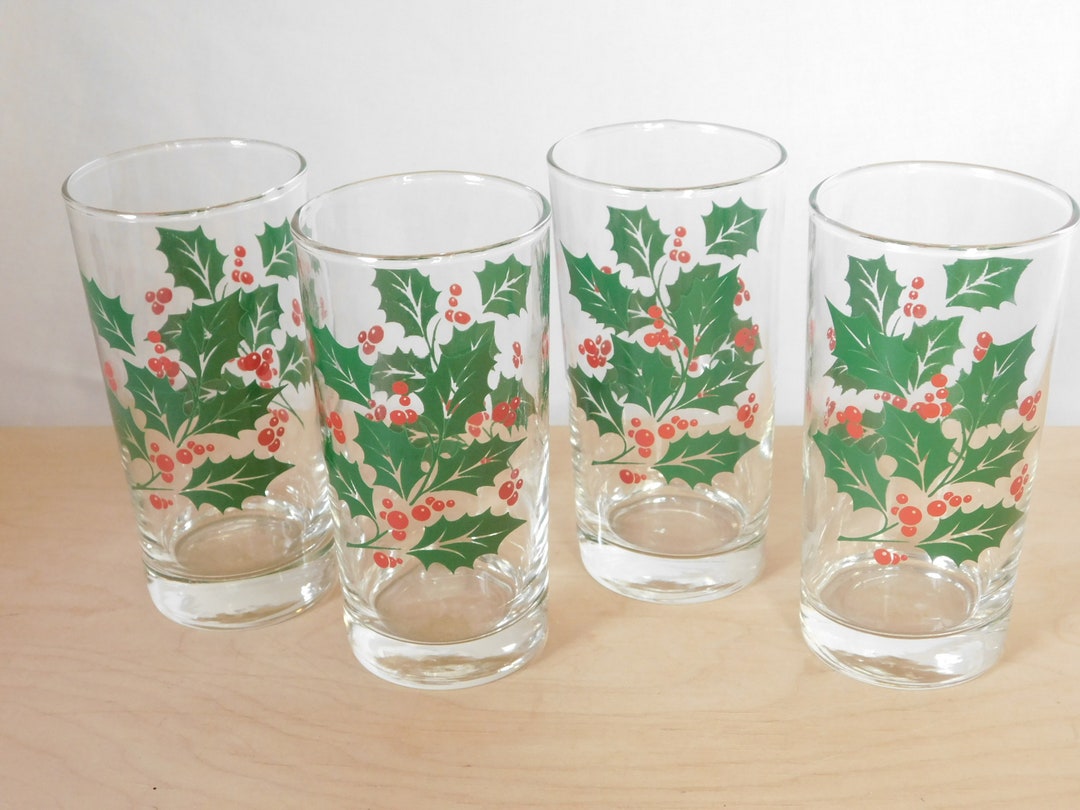 Vintage Holly Glasses, Holly and Berries, Red and Green, Clear Glass ...