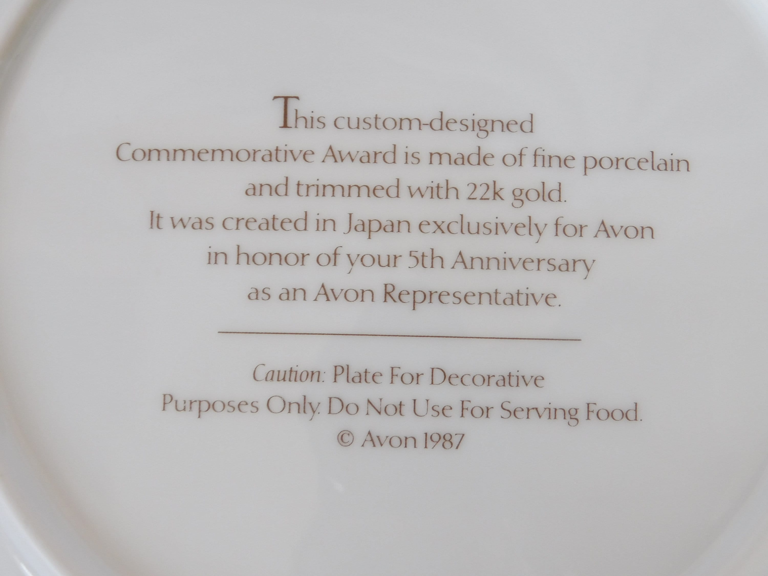 Vintage Avon Plate, 5th Anniversary, Representative Award, the Great ...