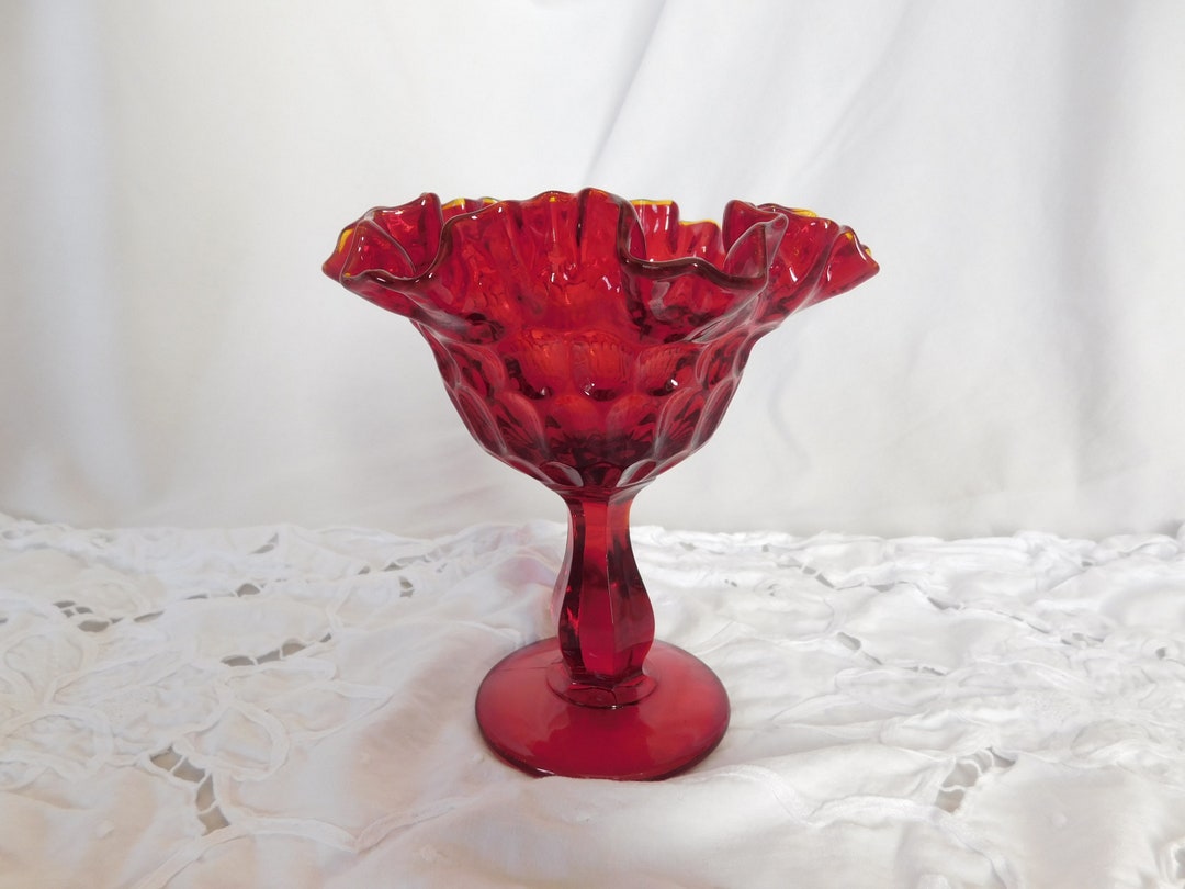 Vintage Compote, Fenton, Red, Glass, Thumbprint, Ruffled Edges, Stemmed ...