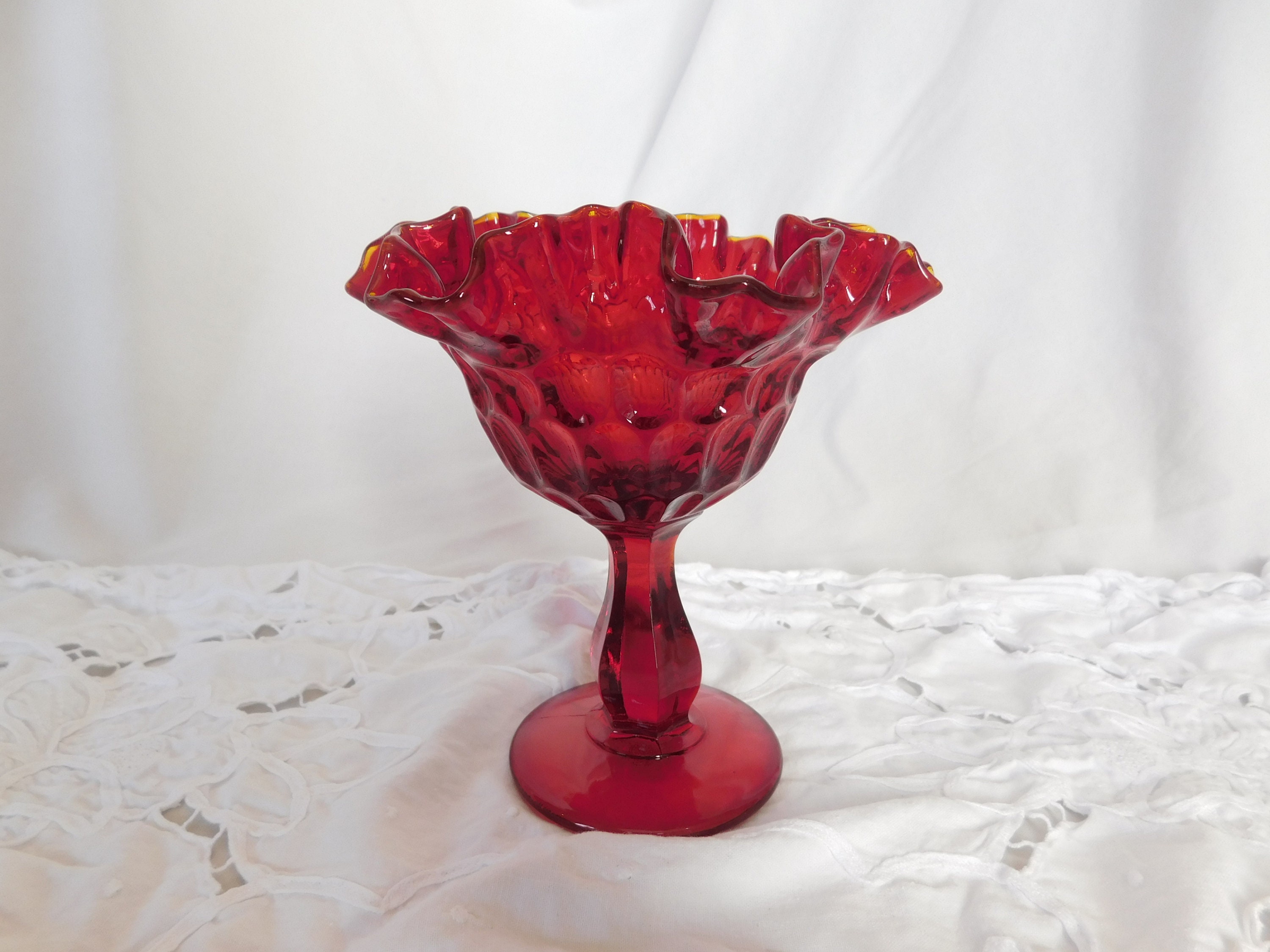 Vintage Compote, Fenton, Red, Glass, Thumbprint, Ruffled Edges, Stemmed ...