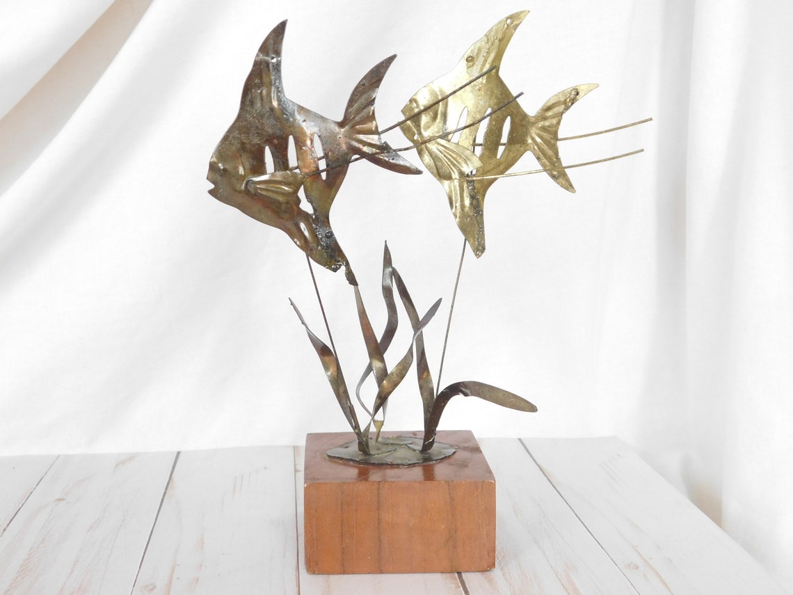 Vintage Brass Fish Fish on Stand Wood Stand 70's Decor - Etsy