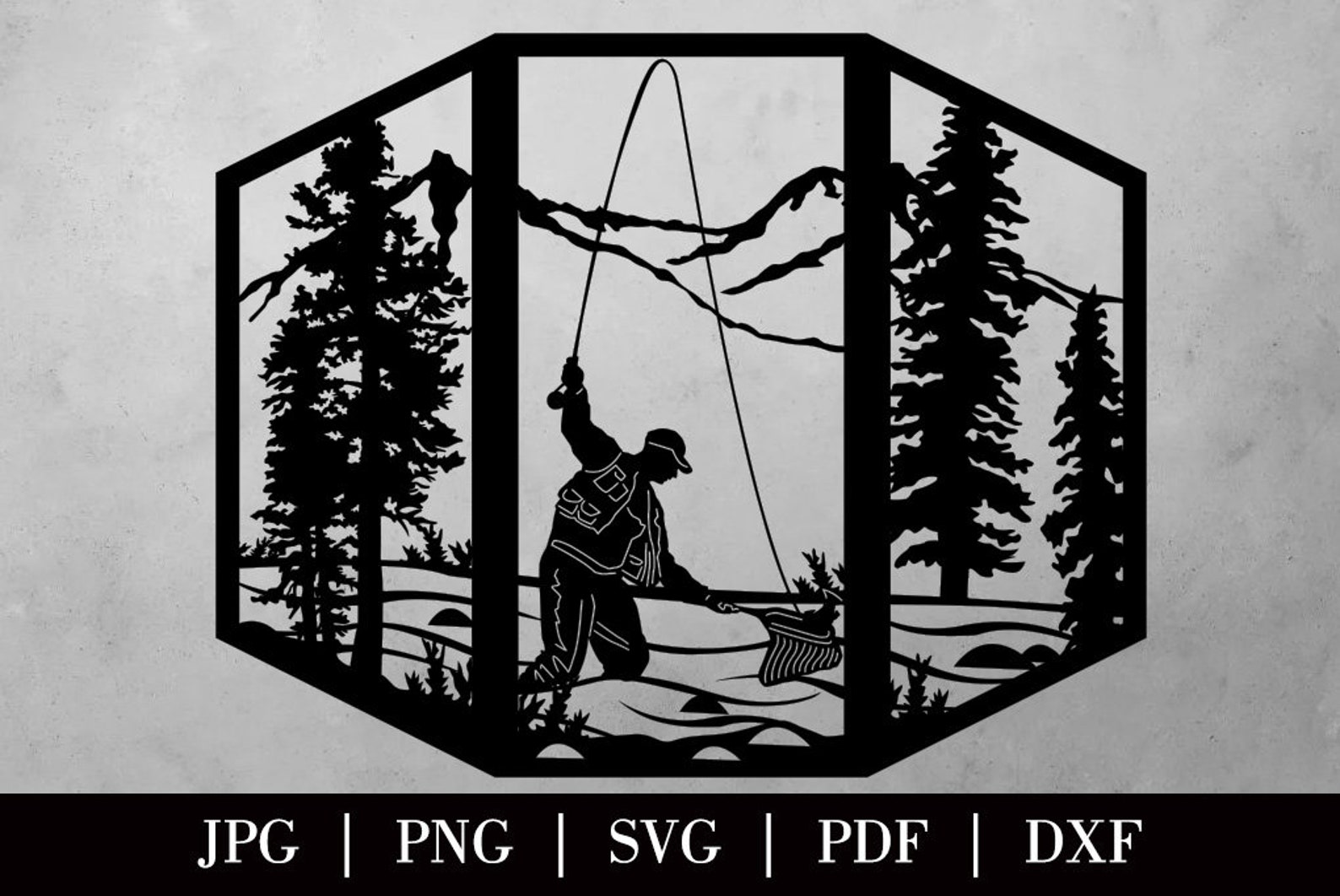 Fishing Scene Cut Svg Dxf File Wall Sticker Pdf Silhouette Template Cnc ...