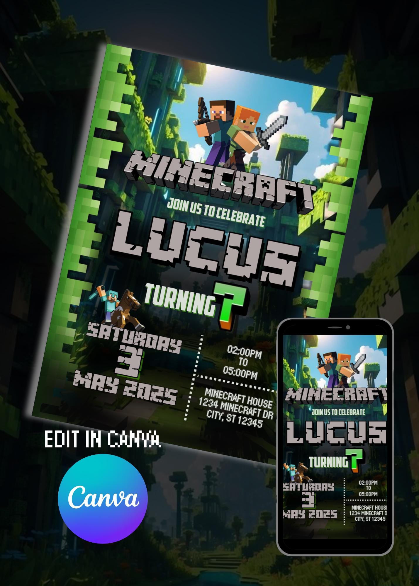 Editable Minecraft Birthday Invitation, Minecrafter Birthday ...