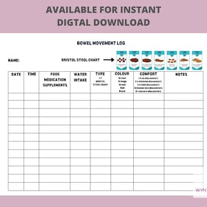 Bowel Movement Log Bowel Log Sheet IBS Tracker Food Sensitivity Bristol ...