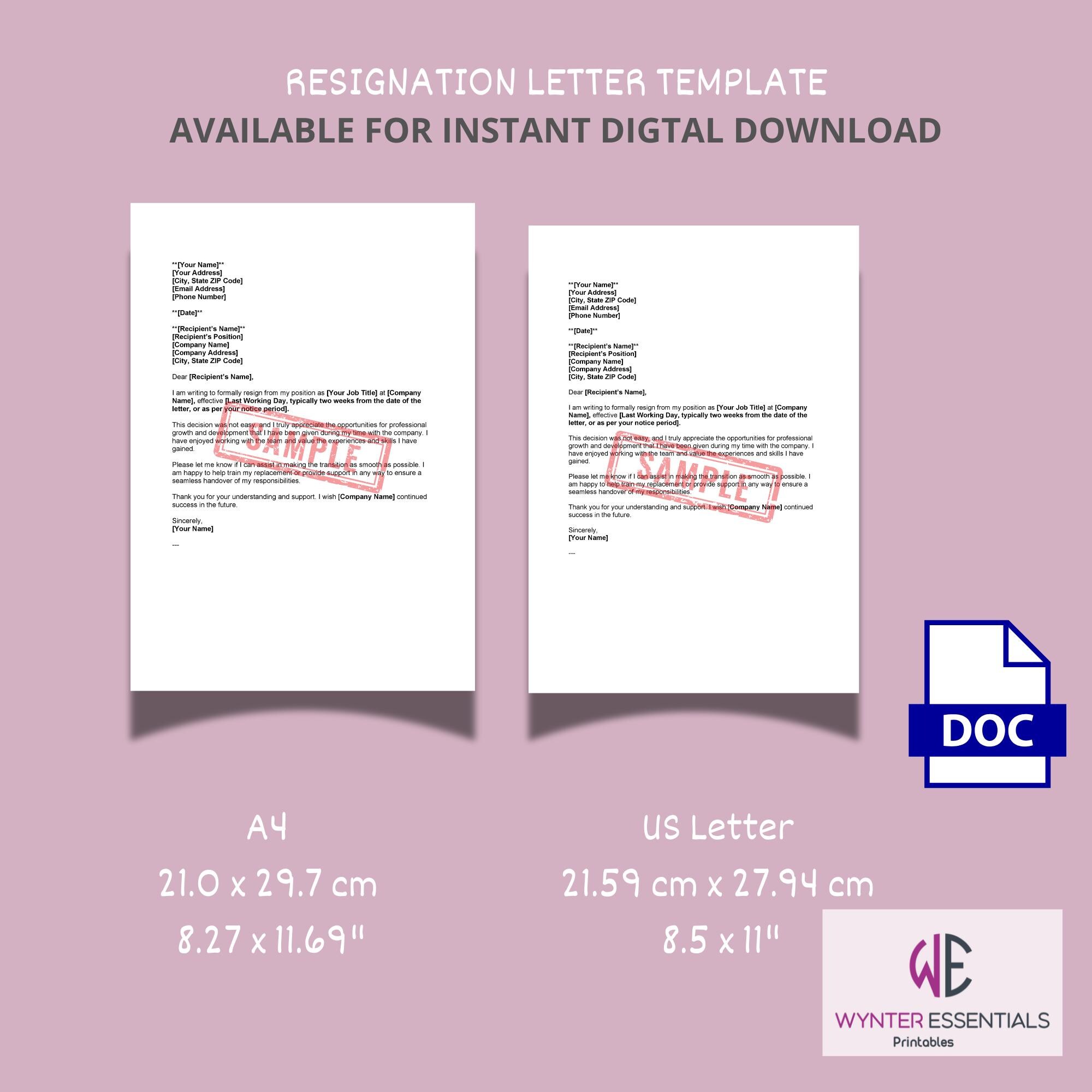 Printable Resignation Letter Samples, Easy Resignation Template, Job ...