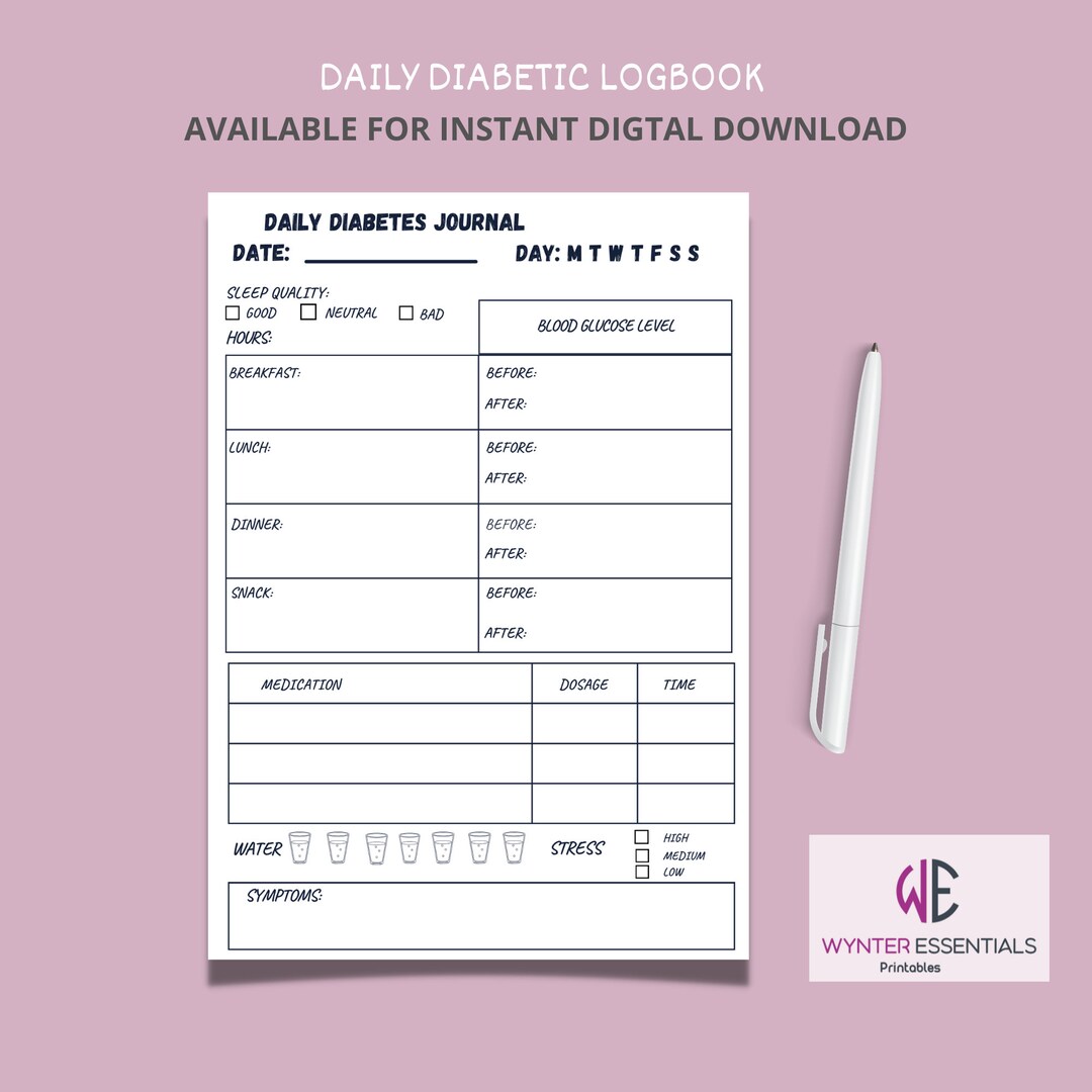 Daily Diabetic Logbook Diabetic Journal Blood Sugar Tracker Printable ...